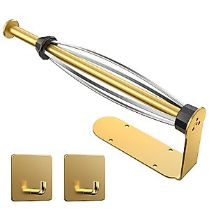 Paper Towel Holder Under Cabinet with 2 Hooks, Paper Towel Holder Wall Mount with Damping Effect, Self-Adhesive or Drilled Paper Roll Holders for Kitchen, Bathroom, RV(Gold)