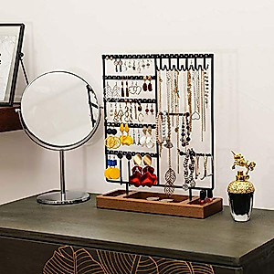 X-cosrack Earring Holder,5-Tier Ear Stud Holder with Wooden Tray,Jewelry Organizer Holder for Earrings Necklaces Bracelets Watches and Rings,Earring Display Stand with 132 Holes,Black