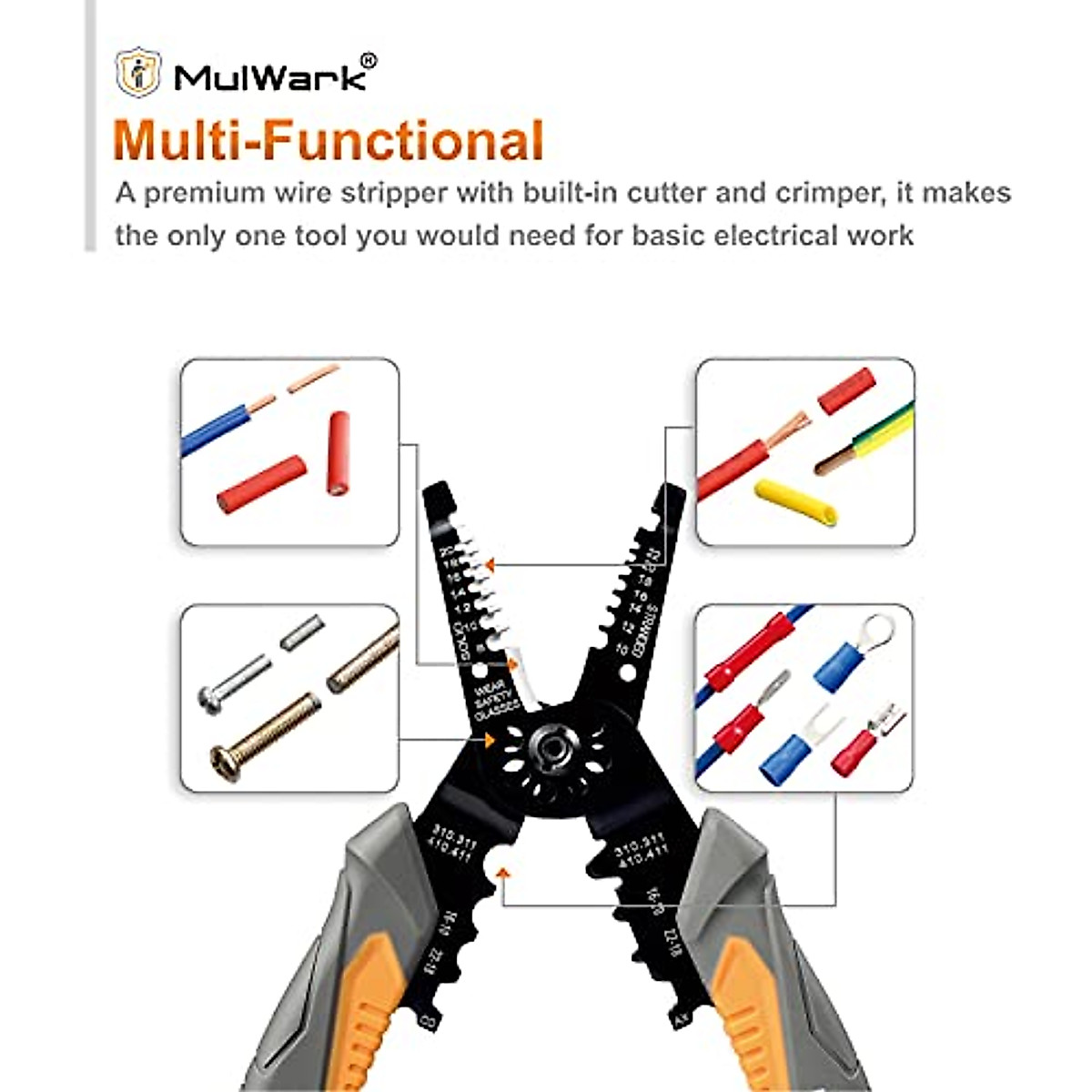 MulWark 8" Heavy Duty Multi-Purpose Electrical Wire Stripping Tool (22 AWG - 8 AWG) Strippers, Snips, Crimpers & Pliers Insulated with Cutter, Best Tool For Professional Electrician - Upgraded
