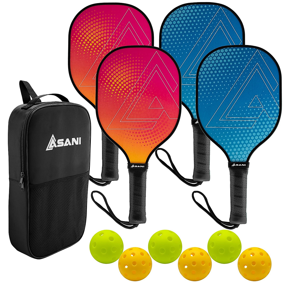 Asani Pickleball Paddle Set of 4-7-Ply Basswood Construction with Durable Edge Guard, Includes 6 Balls and Carry Bag, Ideal for Beginners and Intermediates