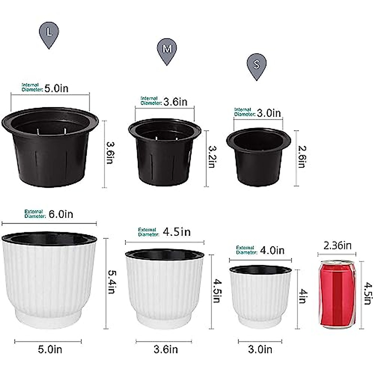 T4U 6 Inch Self Watering Pots for Indoor Plants, 6 Pack White Plastic Flower Pots for All House Plants, Flowers, African Violets