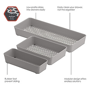 Spectrum Diversified Hexa Set of 3 Assorted Storage Buildup-Resistant Kitchen & Bathroom Drawer Trays, Easy-to-Clean Bathroom & Kitchen Organizers, Stone Gray