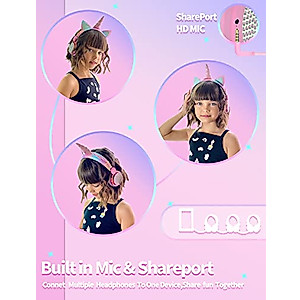 charlxee 𝟐𝟎𝟐𝟑 𝐍𝐞𝐰 Kids Unicorns Headphones with Mic for School/Travel,85dB Volume Limited,Shareport,Unicorns Gifts for Girls,On/Over Ear HD Stereo Wired Headsets with Nylon Cable-Hot Pink