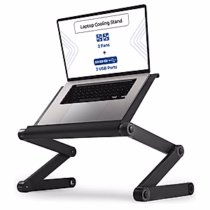 WorkEZ Executive Adjustable Laptop Stand with 2 Fans 3 USB Ports Ergonomic Aluminum Lap Desk for Bed Couch tray holder folding height tilt angle cooling cooler portable desktop riser black