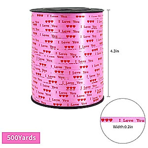 BEISHIDA 500 Yard Pink Heart Crimped Curling Ribbons I Love You Printed Balloon String Roll Valentines Day Ribbon for Gift Wrapping Party Festival Art Craft Decor Florist Flowers Decoration