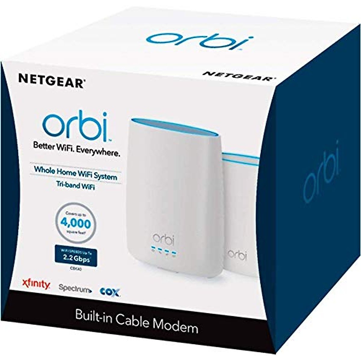 NETGEAR Orbi Built-in-Modem Whole Home Mesh WiFi System with all-in-one cable modem and WiFi router and single satellite extender with speeds up to 2.2 Gbps over 4,000 sq. feet, AC2200 (CBK40)