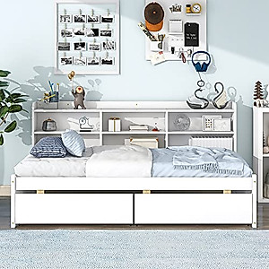 HomSof Twin Bed with Side Bookcase, Drawers,White