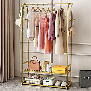 MAIKAILUN 2- layer Clothing Rack Gold,Modern Industrial Clothes Rack for hanging Clothes with Top Rod and Bottom Shelves, Multi-functional Heavy Duty Garment Rack Cloest Organizer and 6 Hooks (59")