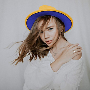 Gossifan Womens Wide Brim Panama Hat Patchwork Colors Classic Buckle Fedora Yellow/Royal Blue