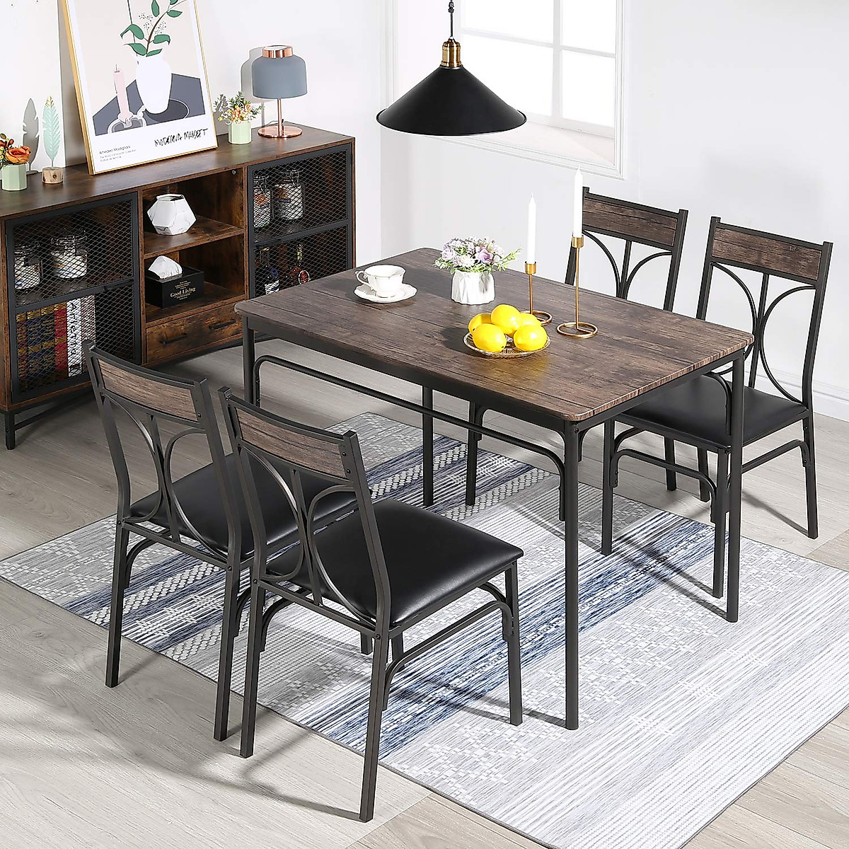VECELO 5 Piece Kitchen Dining Room Table and Chairs Set for Home, Dinette, Breakfast Nook, Farmhouse, Small Space, Dark Brown