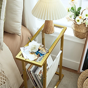 HOOBRO Narrow End Table, Tempered Glass Side Table, Small Nightstand, Bedside with Storage Holder, Coffee Table for Small Spaces, Bedroom, Living Room, Easy Assembly, Sturdy, Gold GD78BZ01