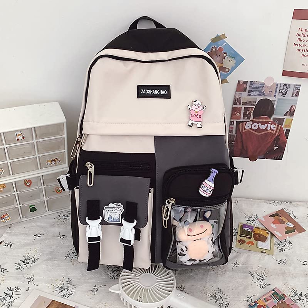 HeiBao Kawaii Backpack for Teen Girls Aesthetic Student Bookbags with Cute Accessories cow decoration nylon waterproof