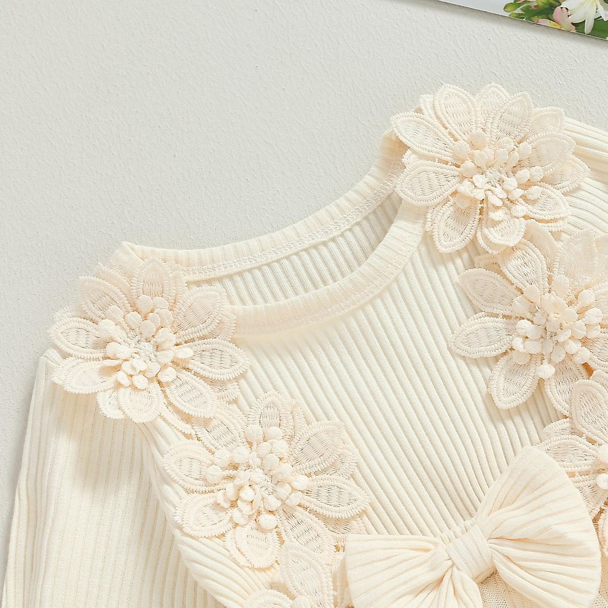 Newborn Lace Tutu Romper Dress Baby Girl Long Sleeve Princess Tulle Dress Infant 3D Floral Onesie Photography Fall Outfits (Apricot, 3-6 Months)