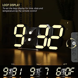 KOSUMOSU Digital Clock 3D LED Wall Clock 9.7" Bedside Clock for Bedroom Living Room Office Classroom Night Light Auto/Custom Brightness, Temperature, Remote Control (Warm Light)