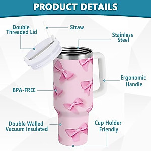 Jihqo Bow Tie 40 oz Stainless Steel Vacuum Insulated Tumbler with Handle and Straw Lid, Leakproof Water Bottle Double Wall Travel Mug Coffee Cup, Cupholder Friendly