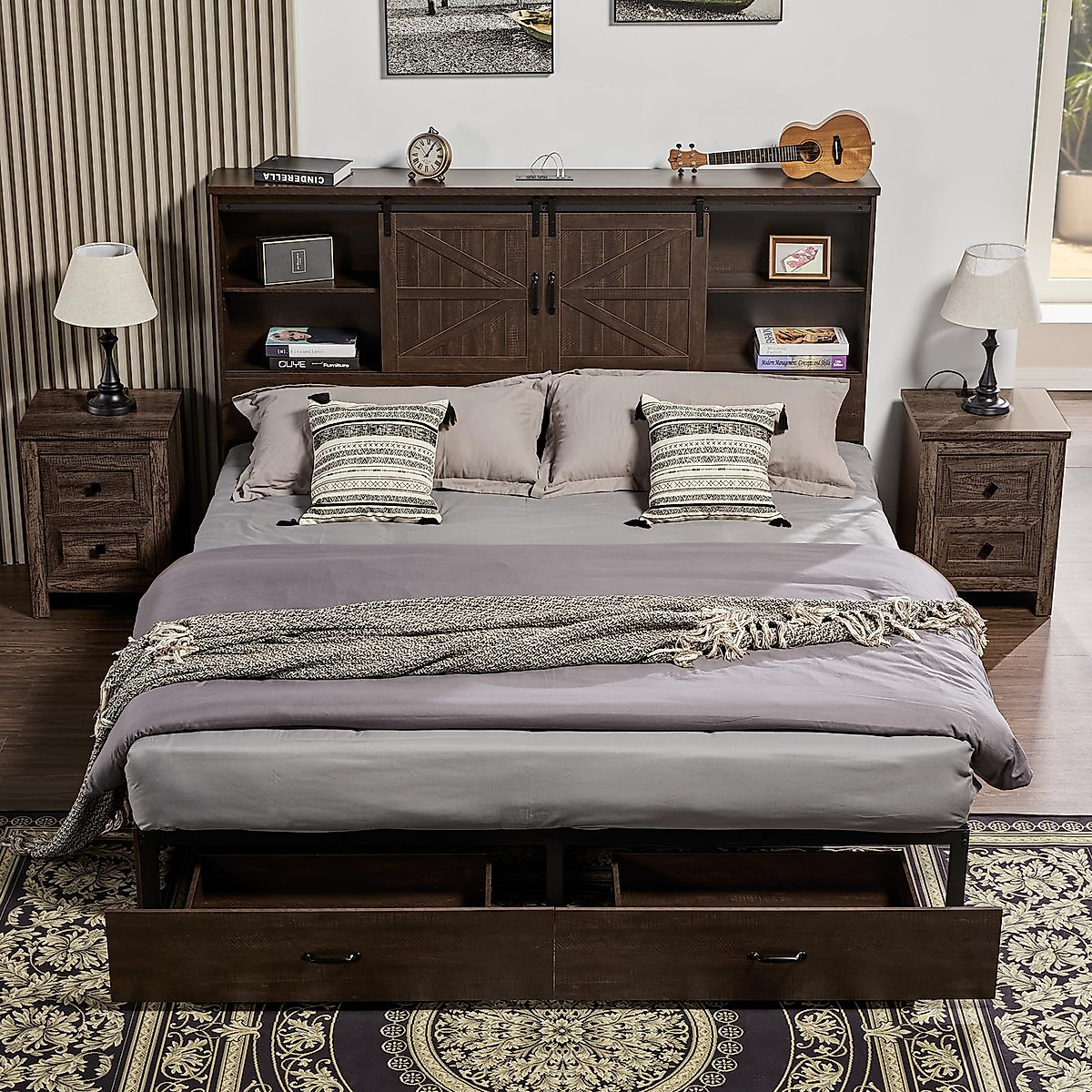 VanAcc Queen Size Bed Frame, Wooden Platform Storage Bed with 51.2" Bookcase Headboard, 2 Drawers, Charging Station/No Box Spring Needed/Noise Free(Brown)