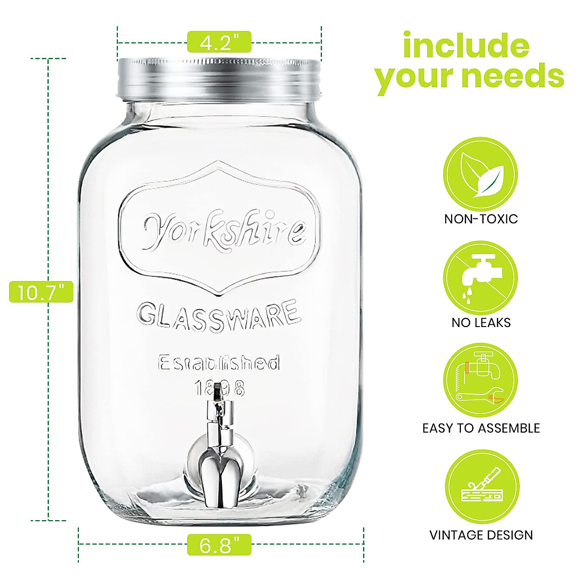 Wanik 1 Gallon Glass Drink Dispensers for Parties - Set of 2 Glass Jar Beverage Dispenser With Leak-Free Spigot, Water Dispenser Countertop for Weddings, Sun Tea Jar, Punch, Lemonade & Juice Dispenser