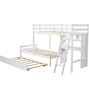 MOEO Twin Over Twin Bunk Bed with Trundle and Ladder for Kids, Adults, Wooden Bunkbed Frame w/Convertible Built-in Desk & Down Bed, Save Space, No Box Spring Required, White
