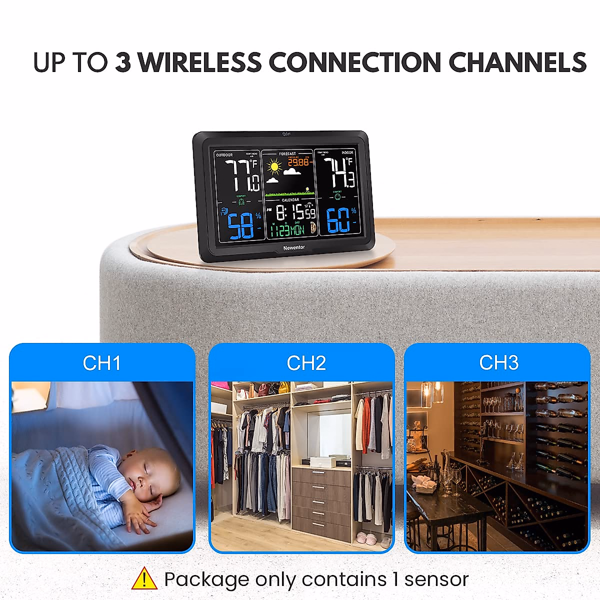 Newentor Weather Station Wireless Indoor Outdoor Thermometer, 7.5in Large Display Atomic Weather Clock, Temperature Humidity Monitor with Moon Phase, Weather Forecast and Barometric Pressure, Black