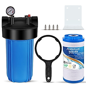 PUREPLUS 1-Stage Whole House Water Filter, with Iron Manganese Reducing Water Filter, 10"x4.5" Cartridge Universal Housing, Pre-Filtration System for Well Water, 1" NPT Port, Pressure Release