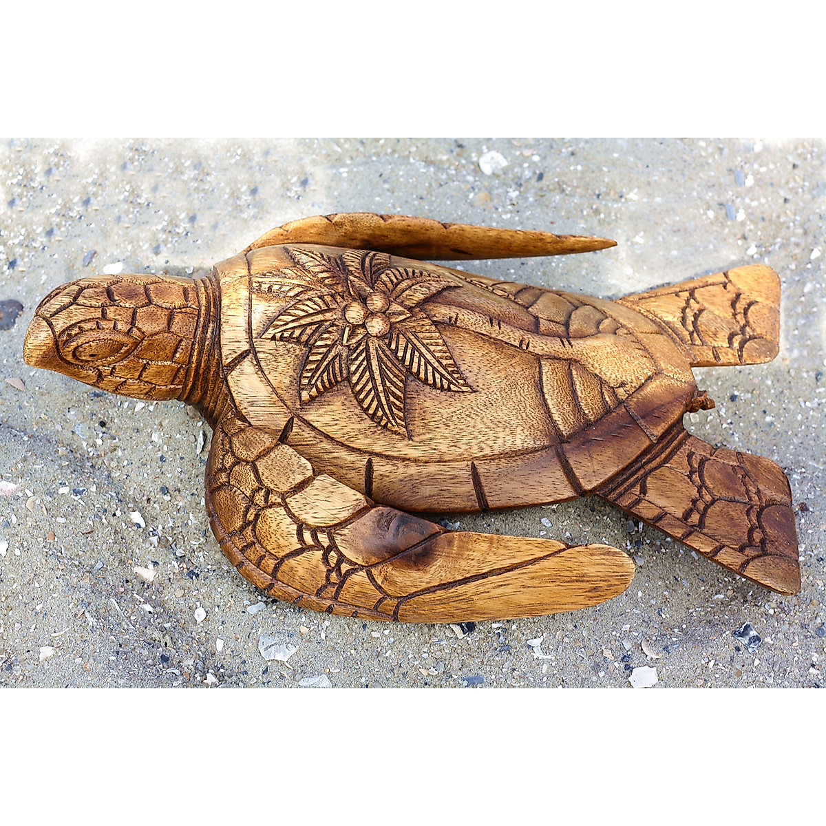 G6 Collection 12" Long Wooden Hand Carved Turtle Tortoise Statue Figurine Sculpture Handcrafted Handmade Decorative Home Decor Accent Rustic Seaside Tropical Nautical Ocean Coastal Decoration