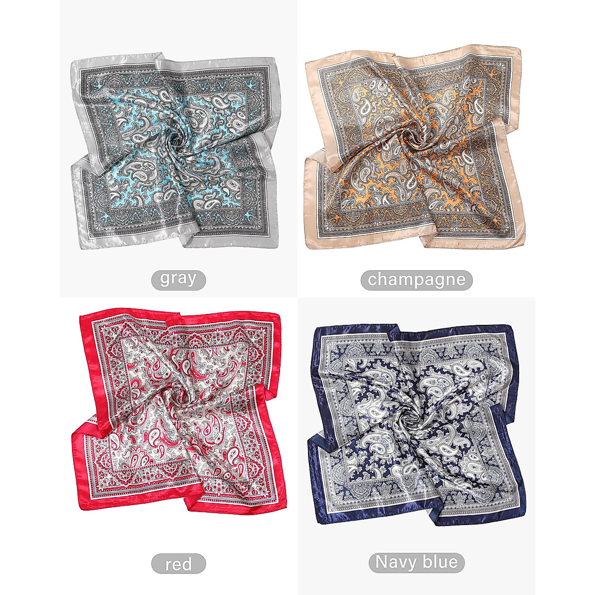 AWAYTR 23 Inches Satin Head Scarves for Women 4PCS Square Silk Like Hair Scarves Silk Hair Bandanas (Cashews (dark blue/red/light blue/khaki)