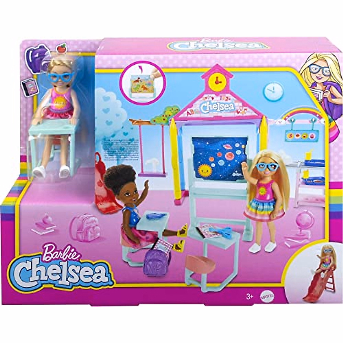 Barbie Club Chelsea School Playset with Blonde Small Doll & Classroom Accessories, Flipping Blackboard, Cafeteria, Desks & More (Amazon Exclusive)