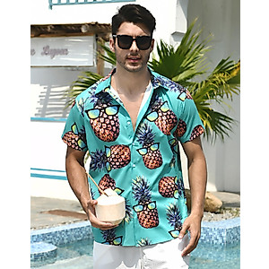 RAISEVERN Hawaiian Shirt for Men Pineapple Casual Button Down Short Sleeve Tropical Summer Party Holiday Beach Shirts