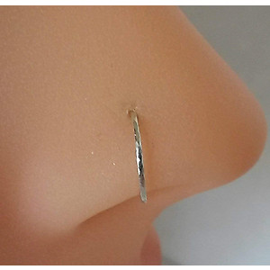 Nose Ring Hoop Seamless Piercing Textured Hammered Cartilage Earring Sterling Silver