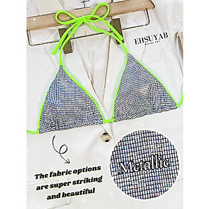 EHSUYAB Sexy Bikini Set, Thong String Triangle High Cut Metallic Bathing Suits for Women 2 Piece Bikini, Bralette Halter Tie Sparkly Padded Swimsuit Boudoir Beach Neon Green Silver Medium