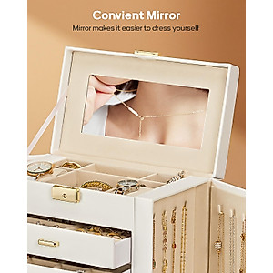 Homde Synthetic Leather Huge Jewelry Box Mirrored Watch Organizer Necklace Ring Earring Storage Lockable Gift Case (White + Gold)