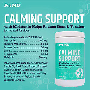 Pet MD Calming Chews for Dogs - Separation Anxiety Relief for Dogs - Enhanced with Melatonin & Ginger - Puppy & Dog Calming Treats for Chronic or Acute Anxiety - 60 ct