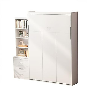 WOXYX Full Size Murphy Bed with Shelf and Drawers, Mordern Design Multifunctional Foldable Platform Bedframe Gas Struts,White