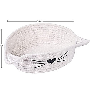 Small Woven Basket Cotton Rope Basket with Cat Ears Little Storage Baskets for Organizing Bins Organizer Wicker Nursery Room for Kids Baby Dog Toy Drawer Gifts 9.5"x8.5"x4", White