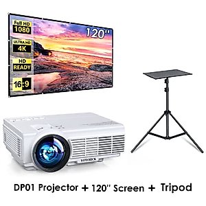 YOWHICK DP01 Projector, 120" Projector Screen and Projector Tripod Stand Bundle