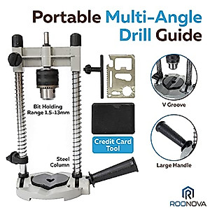 ROONOVA: Angle Drill Guide | Portable Drill Press Stand | Strong Aluminum Alloy | Multi-Angle Adjustable Drill Press Guide with Chuck | Portable & Lightweight | Complete with Credit Card Tool