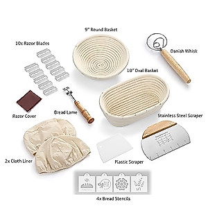 Saint Germain Bakery Premium Round Bread Banneton Basket with Liner - Perfect Brotform Proofing Basket for Making Beautiful Bread - Ultimate Bread Bundle (9 in. Round/10 in. Oval)