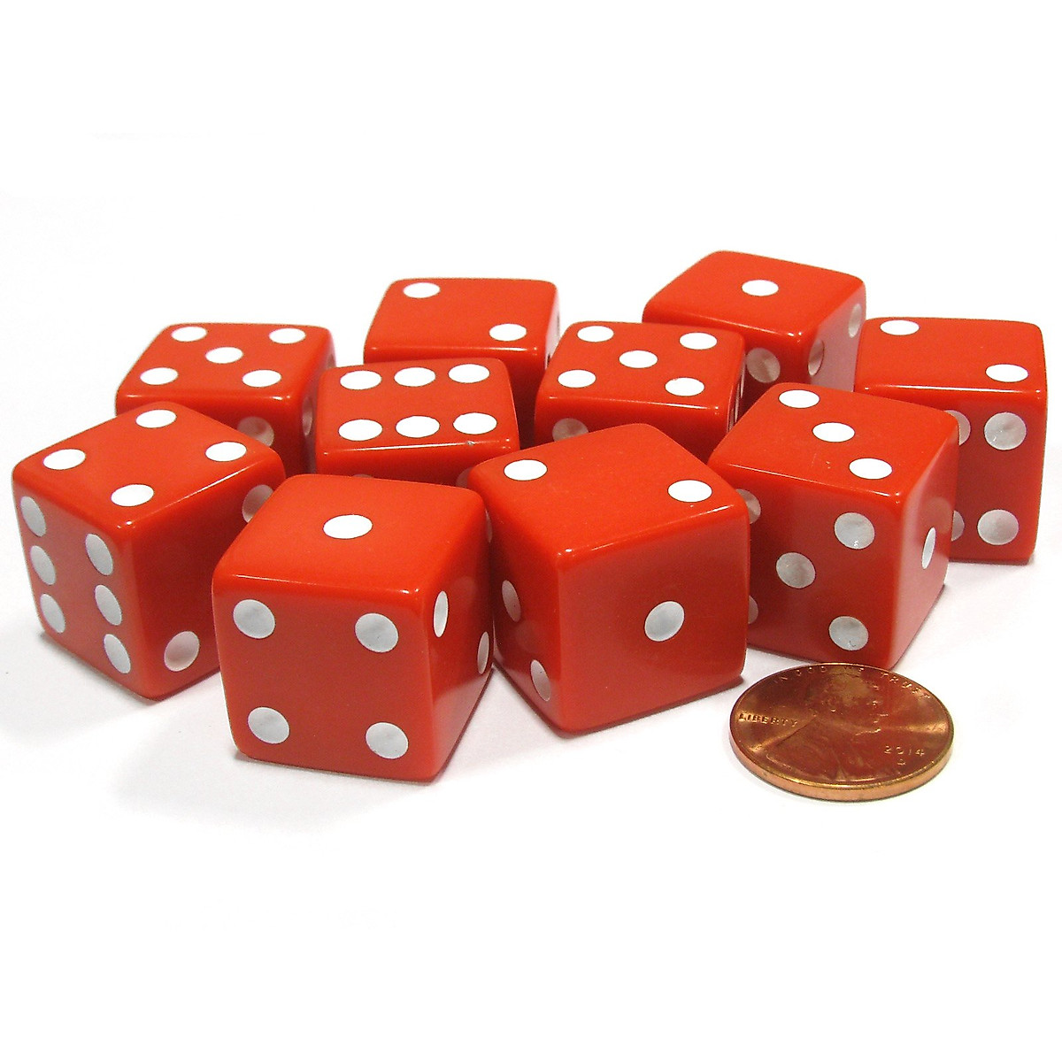 Koplow Games Set of 10 Large Six Sided Square Opaque 19mm D6 Dice - Red with White Pip Die