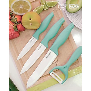 Wamery Ceramic Knife Set with Block - Chef Knife, Utility Knife, Paring Knife Rust Proof Sharp Turquoise Kitchen Knife Set with Wood Block and Fruit Peeler