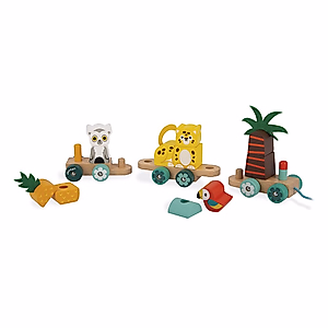 Janod - Tropik Tropical Pull-Along Train - 11 Pieces and 3 Cars - Ages 1 Year + J08272