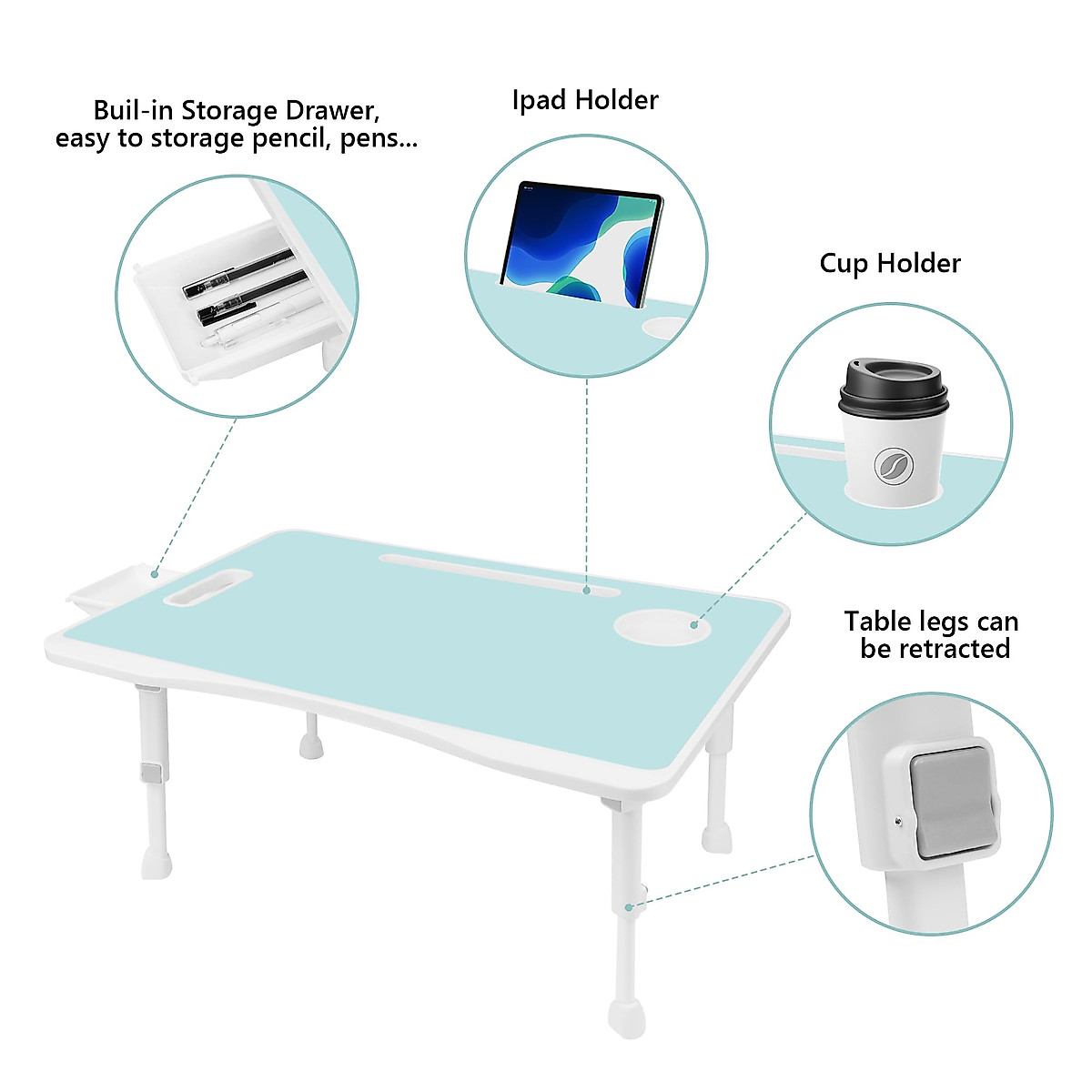 Bed Desk for Laptop, Adjustable Laptop Desk with Foldable Legs Storage Drawer,Lap Desk for Laptop, Portable Lap Desk for Writing Working Reading Eating