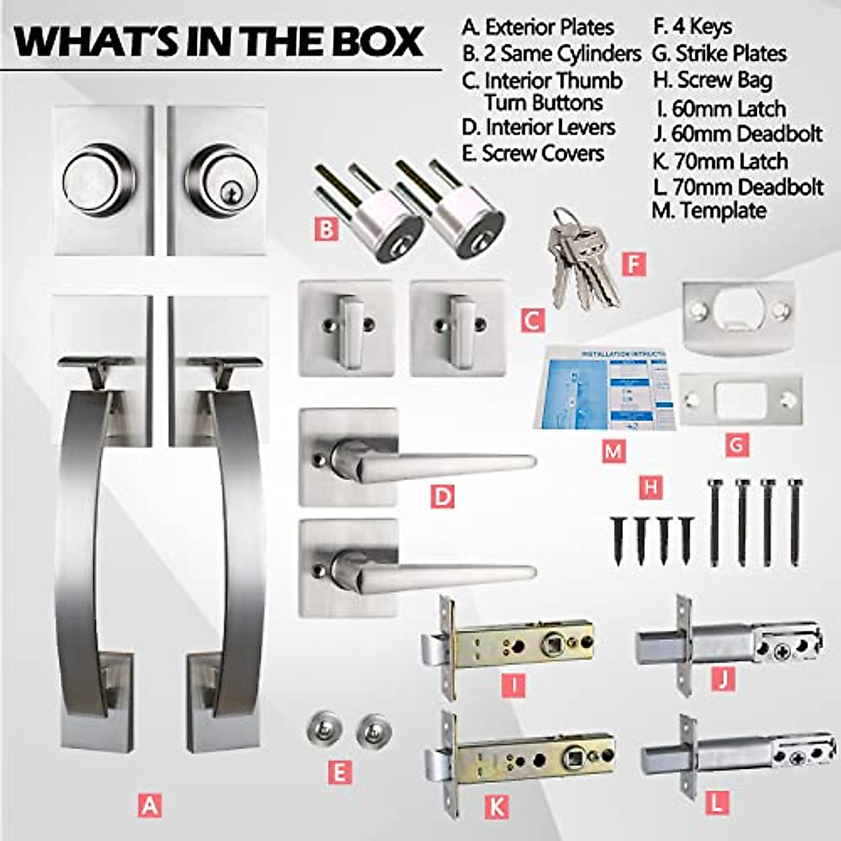 NEWBANG Silver Double Doors Handle Lock Set for Front & Entry Door - Satin Nickel Finish,MDHST2017SN-SET-BR