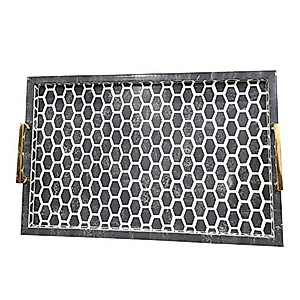 Moroccan Pattern Quatrefoil Bone Inlay Rectangular Serving Tray Brushed Brass Handles Dinner Coffee Decorative Gray