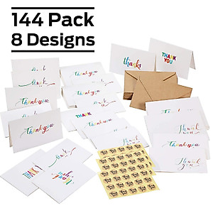 Ohuhu 144 Bulk Thank You Cards with Envelopes, Thank You Notes Box Set with Elegant 8 Rainbow Colorful Designs Greeting Card for Wedding, Business, Birthday, Baby Shower, Blank Inside, 4 x 6 Inch