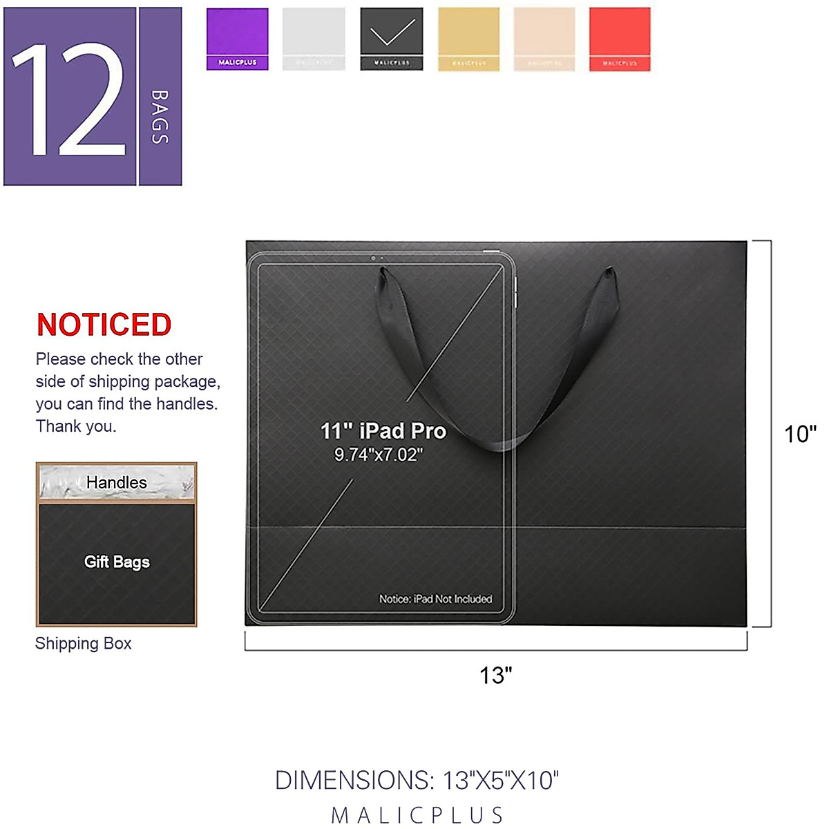 MALICPLUS 12 Large Gift Bags 13x5x10 Inches, Gift Bags Large Size, Black Gift Bags with Handles for All Occasions (Lattice Texture Finish)