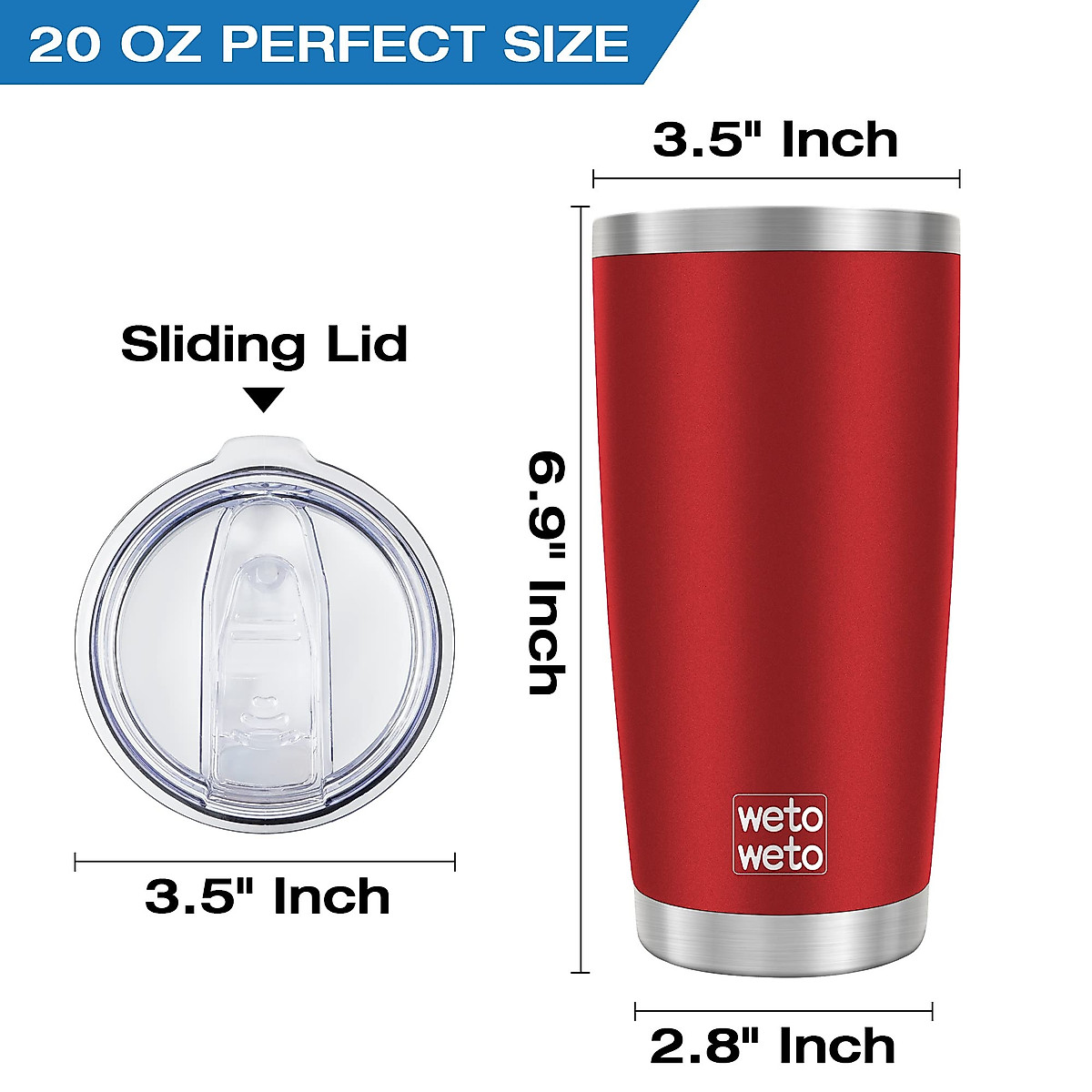 WETOWETO 20oz Tumbler, Stainless Steel Vacuum Insulated Water Coffee Tumbler Cup, Double Wall Powder Coated Leak-proof Travel Mug (Red, 1 Pack)