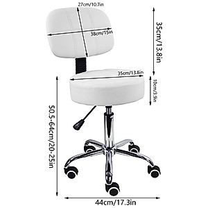 KKTONER Round Rolling Stool with Back PU Leather Height Adjustable Swivel Drafting Work SPA Salon Stools Chair with Wheels White