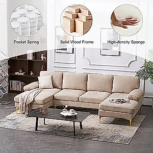 VERYKE U Shape Sectional Sofa Couch,Modern 110'' Chenille Fabric Sectional Couch Sofa, Upholstered Sofa Bed with Golden Metal Legs for Living Room