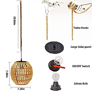 Livinlarge Hanging Solar Lantern Outdoor Waterproof, Large Solar Rattan Lantern Outdoor with Twine Handle, Bright Solar Outdoor Lights with Edison Bulb for Garden Patio Yard Decoration