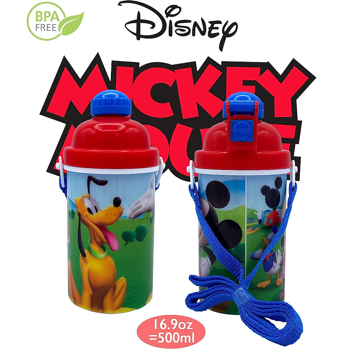 Zak Designs Disney Classic Mickey Carrying Strap One Touch Water Bottles with Reusable Built in Straw - Safe Approved BPA Free, Easy to Clean, for Kids Girls Boys, Goodies Home Travel